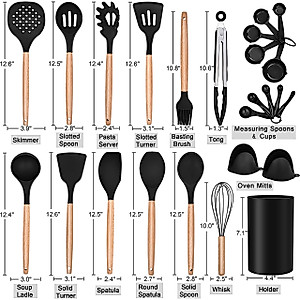 Homikit 25-Piece Kitchen Cooking Utensils Set with Holder, Silicone Spatula Spoon Ladle Turner Skimmer for Nonstick Cookware, Kitchen Tools Gadgets with Wooden Handle, Black