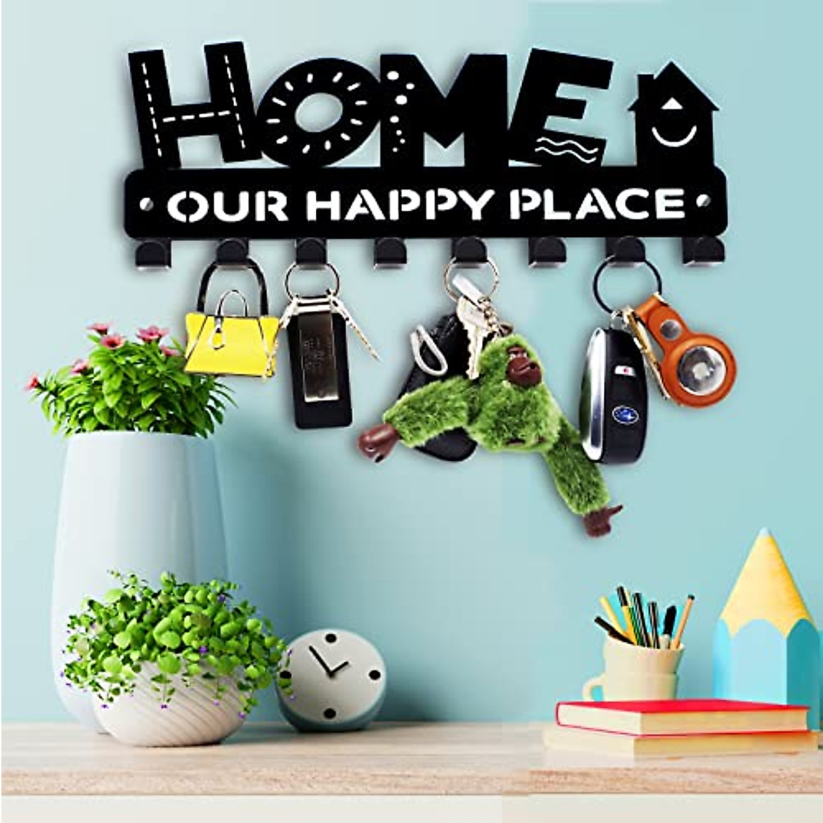 Decorative Key Holder for Wall | Maple & Six - Wall Mounted Key Holder with 8 Hooks |Keyring Organizer| Black | 12 x 4.5 x 1 Inches (Home- Our Happy Place)