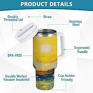 RPLIFE Boat Sunset Oil Painting Style 40oz Tumbler with Handle, Stainless Steel Tumbler with Straw, Tumbler for Men