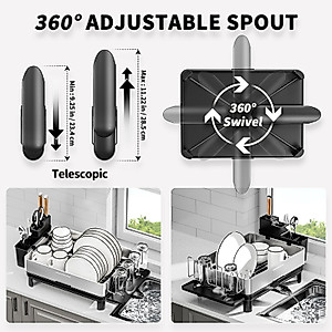 SanDream Dish Drying Rack, Stainless Steel Dish Rack for Kitchen Counter, Dish Drainer for with 360° Rotatable Drain Spout & Utensil Holder, Saving-Space Kitchen Organizer with Cups Holder, Black