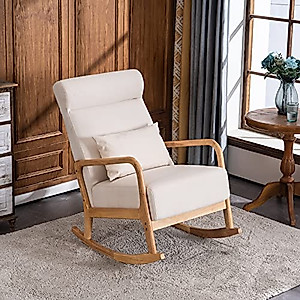VINGLI Rocking Chair Nursery, 25.2" High Backrest Mid-Century Rocking Chair with Wooden Armrest Upholstered Glider Rocker with Free Lumbar Pillow for Living Room (Beige)
