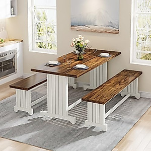 Tribesigns 47" Dining Table Set for 4-6, 3-Piece Kitchen Room Table with 2 Benches, Farmhouse Wood Dinner Table for Small Space, Home Kitchen, White & Rustic Brown
