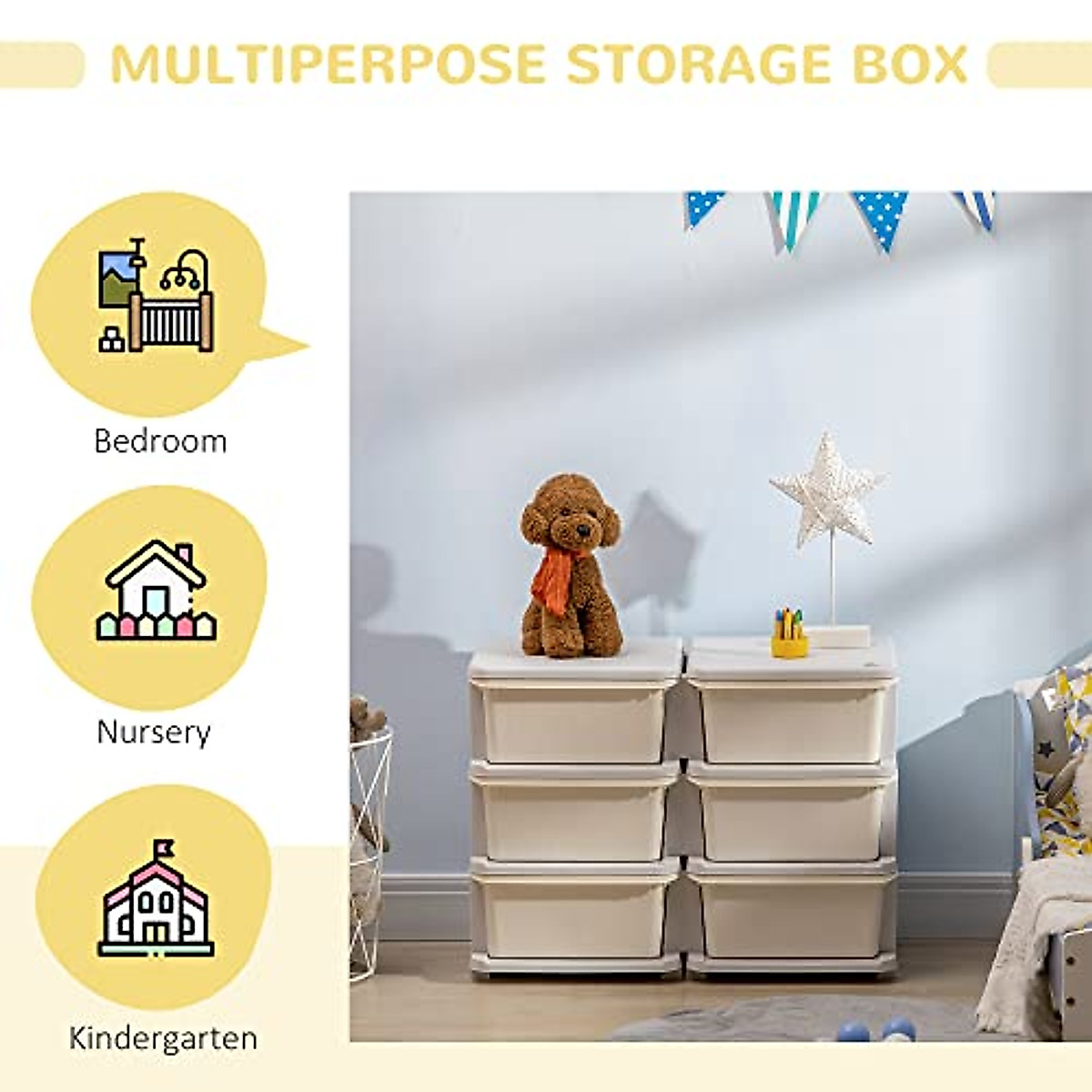 Qaba 3 Tier Kids Storage Unit, 6 Drawer Chest Toy Organizer Plastic Bins for Kids Bedroom Nursery Kindergarten Living Room for Boys Girls Toddlers, Cream