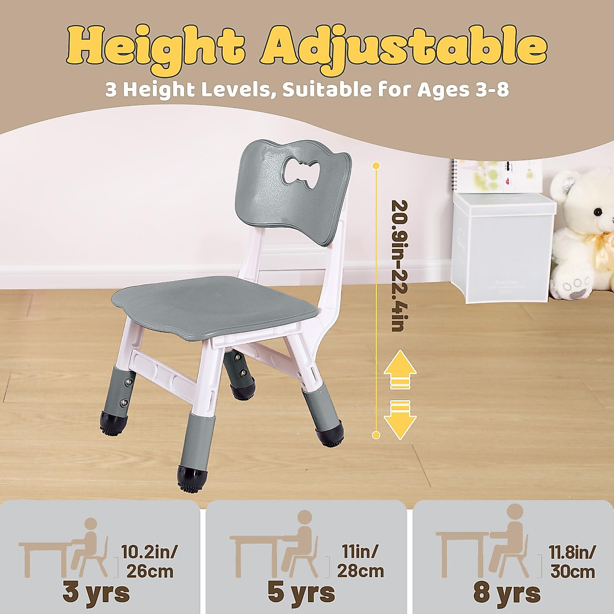 FUNLIO Kids Table and 2 Chairs Set for Ages 3-8, Height Adjustable Toddler Table and Chair Set, Easy to Wipe Arts & Crafts Table, for Classrooms/Daycares/Homes, CPC & CE Approved (3pcs Set) – Grey