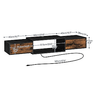 HOOBRO Floating TV Stand with Power Outlet 55", Modern Wall Mounted Media Console Shelf Cabinet for Under TV Storage, Entertainment Center, Living Room, Bedroom, Rustic Brown and Black BF11DS01