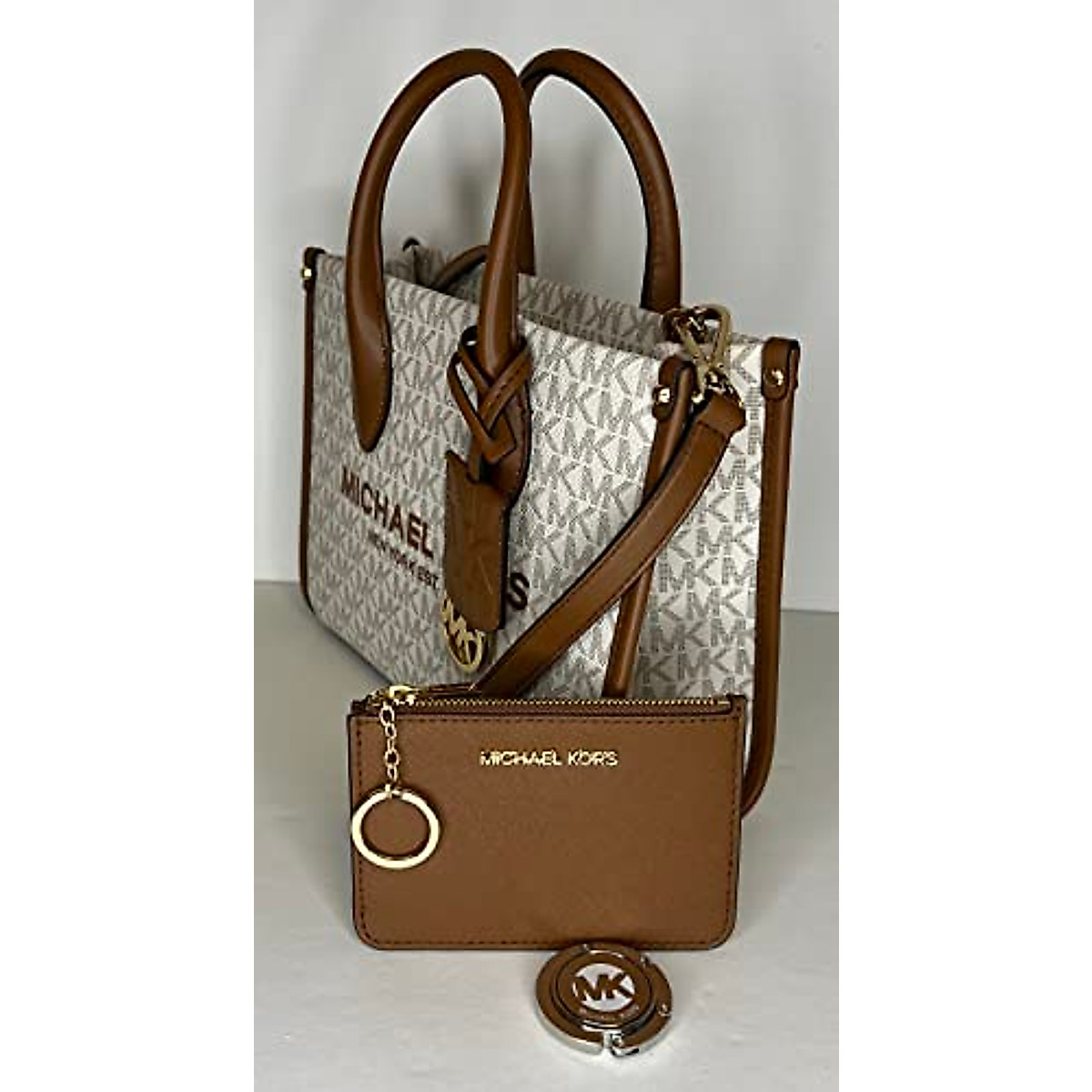 Michael Kors Mirella Small Shopper Top Zip Bag bundled SM TZ Coinpouch Purse Hook (Vanilla/Luggage)