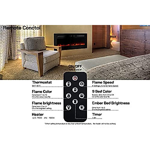 Uthfy 36" Electric Fireplace,1500W Recess & Wall Mounted Fireplace Heater & Linear Fireplace,6 Flame & 9 Ember Bed Colors,Remote Control,8H Timer,Adjustable Thermostat,Log & Crystal, Black (HY-HW36)