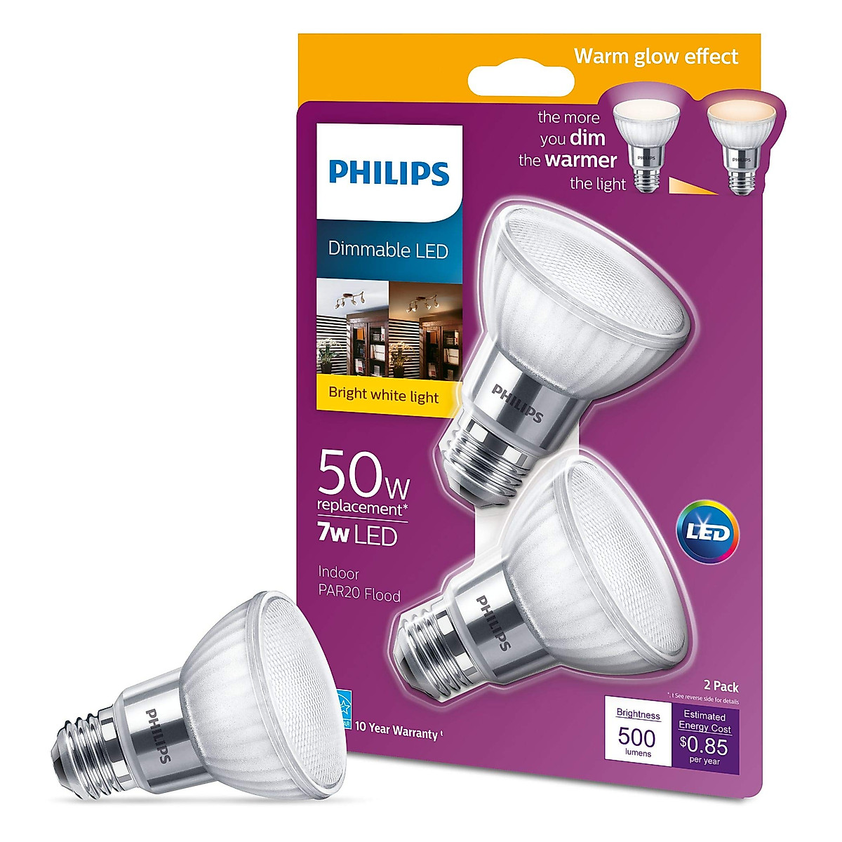 Philips LED Classic Glass Dimmable PAR20 40-Degree Spot Light Bulb with Warm Glow Effect: 500-Lumen, 2200-3000-Kelvin, 7-Watt (50-Watt Equivalent), E26 Base, Bright White, 2-Pack