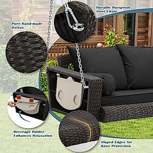 GIODIR Wicker Porch Swing, 3-Seats Rattan Hanging Swing Chair, Patio Grey Rattan Swing, Outdoor Rattan Swing Bench with Cushion,Wide Armrest for Patio Backyard Poolside Garden, Black