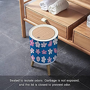 Trash Can with Lid Set of 21 Cherry Blossom Illustrations Press Cover Small Garbage Bin Round with Wooden Legs Waste Basket for Bathroom Kitchen Bedroom 7L/1.8 Gallon