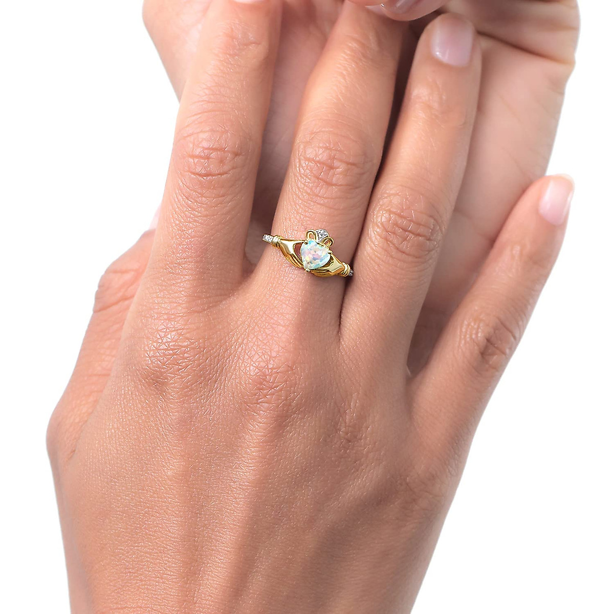Gem Stone King 10K Yellow Gold Irish Celtic Claddagh White Simulated Opal and Diamond Accent Ring For Women (0.81 Cttw, Available in size 5, 6, 7, 8, 9)