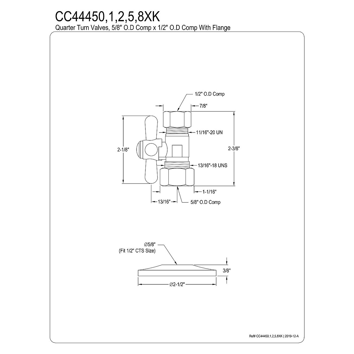 Kingston Brass CC44458XK 5/8-Inch OD X 1/2-Inch OD Comp Quarter-Turn Straight Stop Valve with Flange, Brushed Nickel