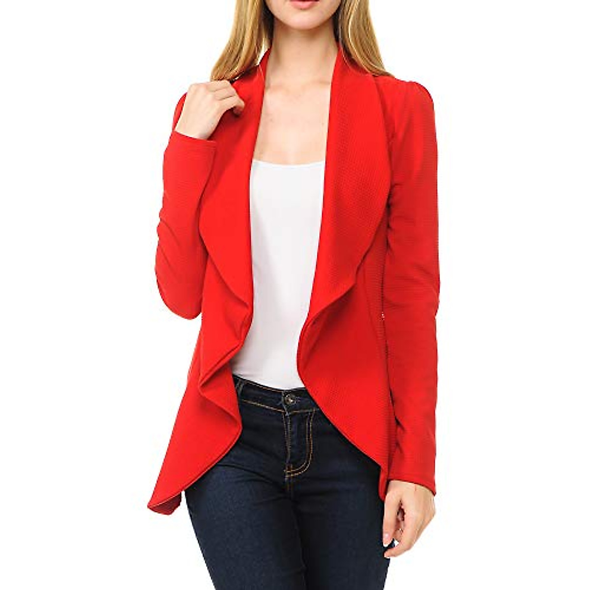SSOULM Women's Long Sleeve Classic Draped Open Front Lightweight Blazer RED S
