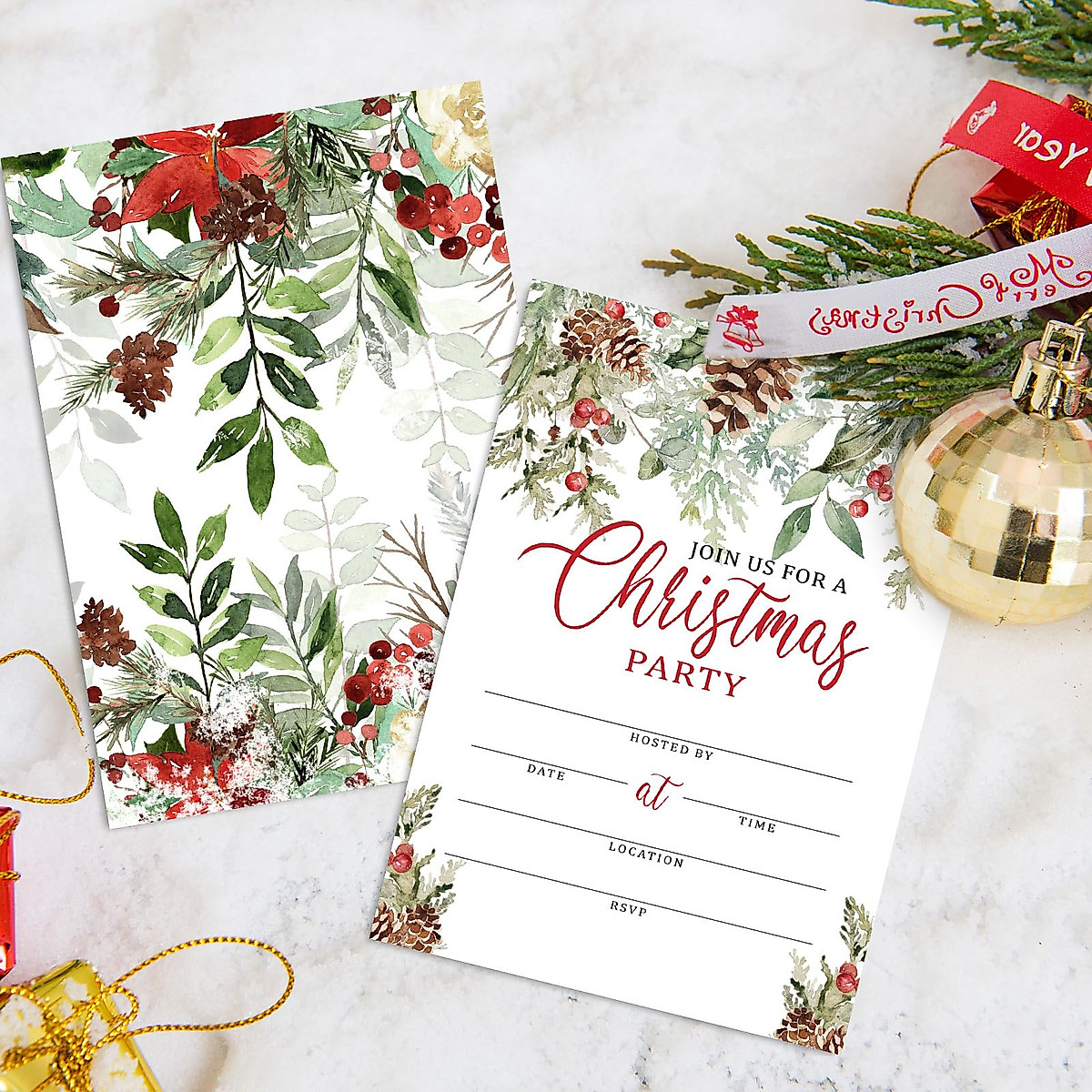 JarThenaAMCS 25 Pack Christmas Party Invitations Watercolor Pine Cone Green Leaves Invitaion Paper Cards with Envelopes Sticker Xmas Invites for Bridal Shower Baby Shower Rehearsal Dinner Party