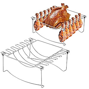 3-in-1 Rib Rack for Smoking & Chicken Leg Rack for Grill - Holds 6 Large Ribs, 12 Chicken Leg Wing, 1 Whole Chicken - Premium Foldable Space-Saving Chicken Drumstick Rib Racks for Grilling & Smoking