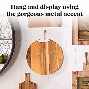 American Atelier Acacia Wood Round Cutting Board with Metal Accent | Serving Board | Large Cheese Board | Charcuterie Board with Handle for Serving Cheeses, Meats, Crackers, and Wine (13”)