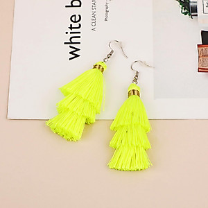 AD Beads Fashion Copper Dangle Tassel 3 Layers Fan Fringe Earrings, Lime Yellow, 3.15 in