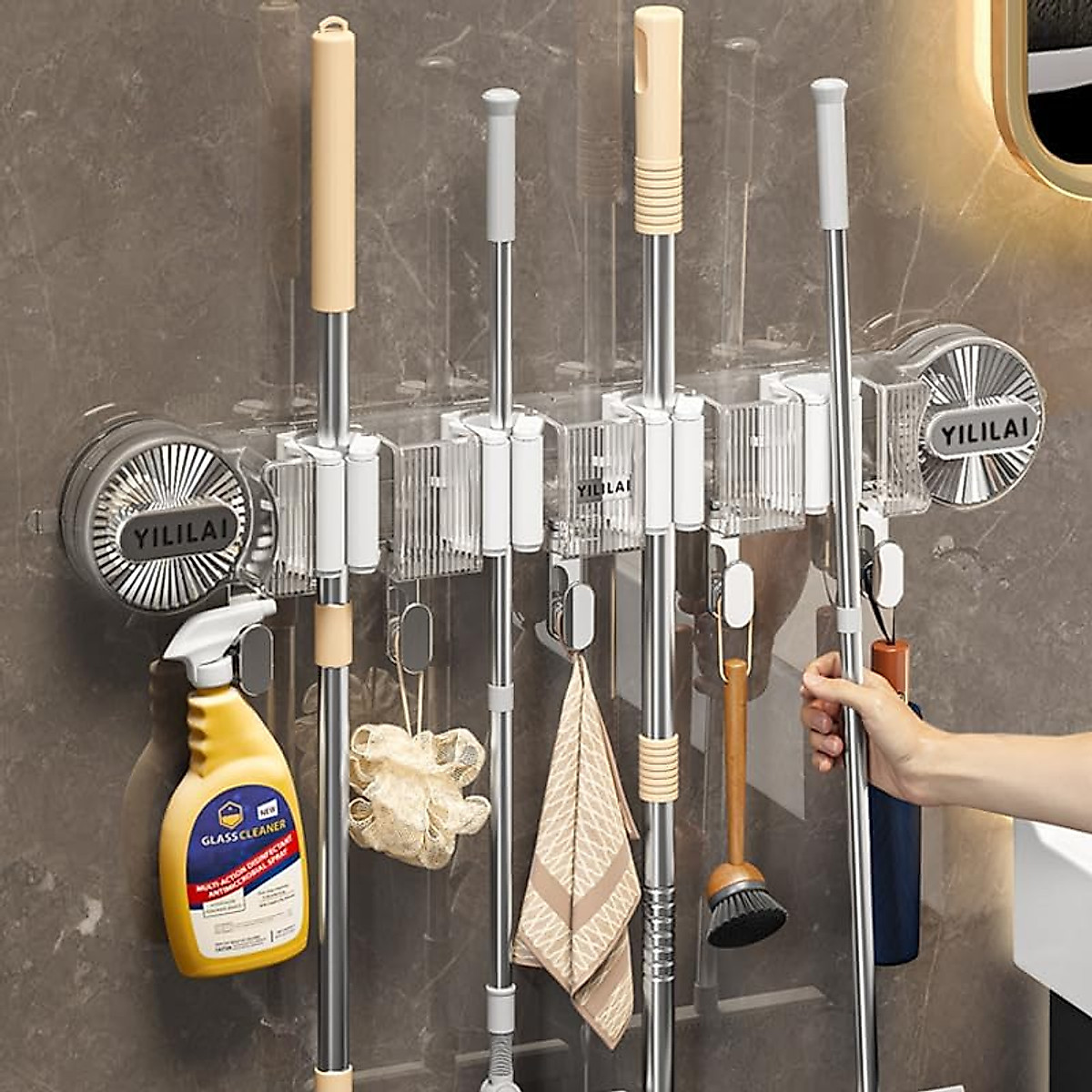 VIHOGFINT Mop & Broom Holder Wall Mount - Suction Cup Design for Easy Storage and Organization | 4 Slots & 5 Hooks | Perfect for Kitchen, Garden, Closet, Laundry Room