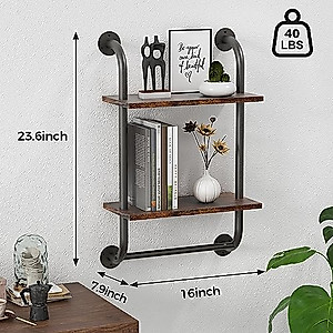 FLYJOE 2 Tier Bathroom Shelves with Towel Bar, Rustic Wall Mounted Industrial Pipe Shelving, Floating Shelves for Wall Decor & Storage for Bathroom Kitchen Living Room 23.6 x 16 Inch - Rustic Brown