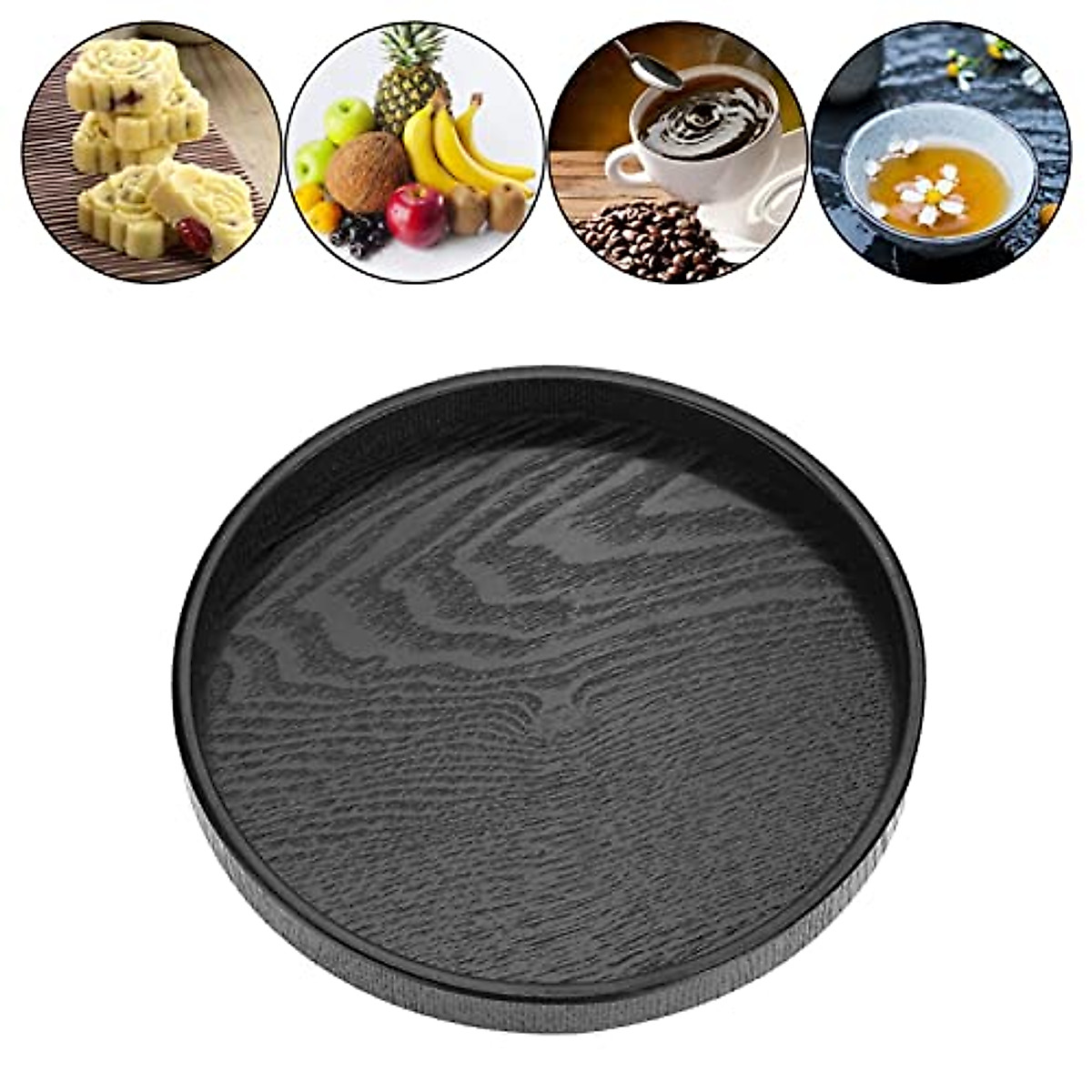 Black Wood Serving Tray, Round Shape Solid Wood Serving Tray Plate Bar Cafe Restaurant Trays(30cm)