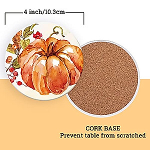 Whaline Fall Pumpkin Coaster Autumn Round Drink Coasters Absorbent Natural Ceramic Coasters Pumpkin Cup Mat for Mugs Cups Home Kitchen Office Thanksgiving Party Table Decoration Supplies, 4 Pack
