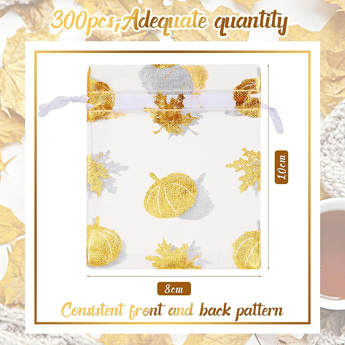 Berlune 300 Pcs Thanksgiving Gift Bags with Drawstring 3 x 4 Inch Fall Organza Gift Bags Gold Pumpkin Decorative Gift Bags Candy Treat Bags for Wedding Baby Shower Birthday Party Supplies