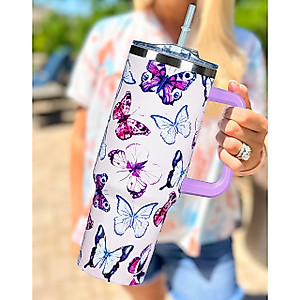 40 Oz Tumbler With Handle 40oz Purple Butterfly Tumbler With Lid Straw Double Insulated Travel Coffee Mug Butterfly Gifts For Women