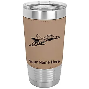 LaserGram 20oz Vacuum Insulated Tumbler Mug, Fighter Jet 2, Personalized Engraving Included (Faux Leather, Light Brown)