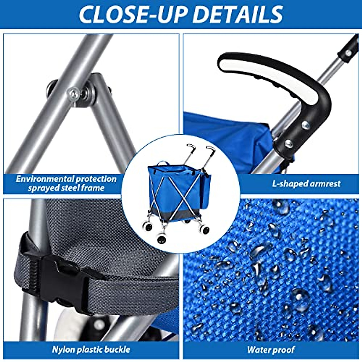 Supenice Folding Grocery Shopping Cart Rolling Utility Cart with 360° Double Front Swivel Wheels Waterproof Removable Canvas Bag with Cover for Laundry Grocery, Shopping, Baggage, Picnic (Blue)