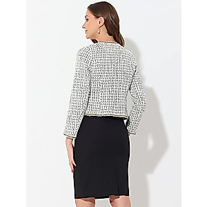 Allegra K Women's Plaid Tweed Blazer Long Sleeve Open Front Work Office Short Jacket Medium White