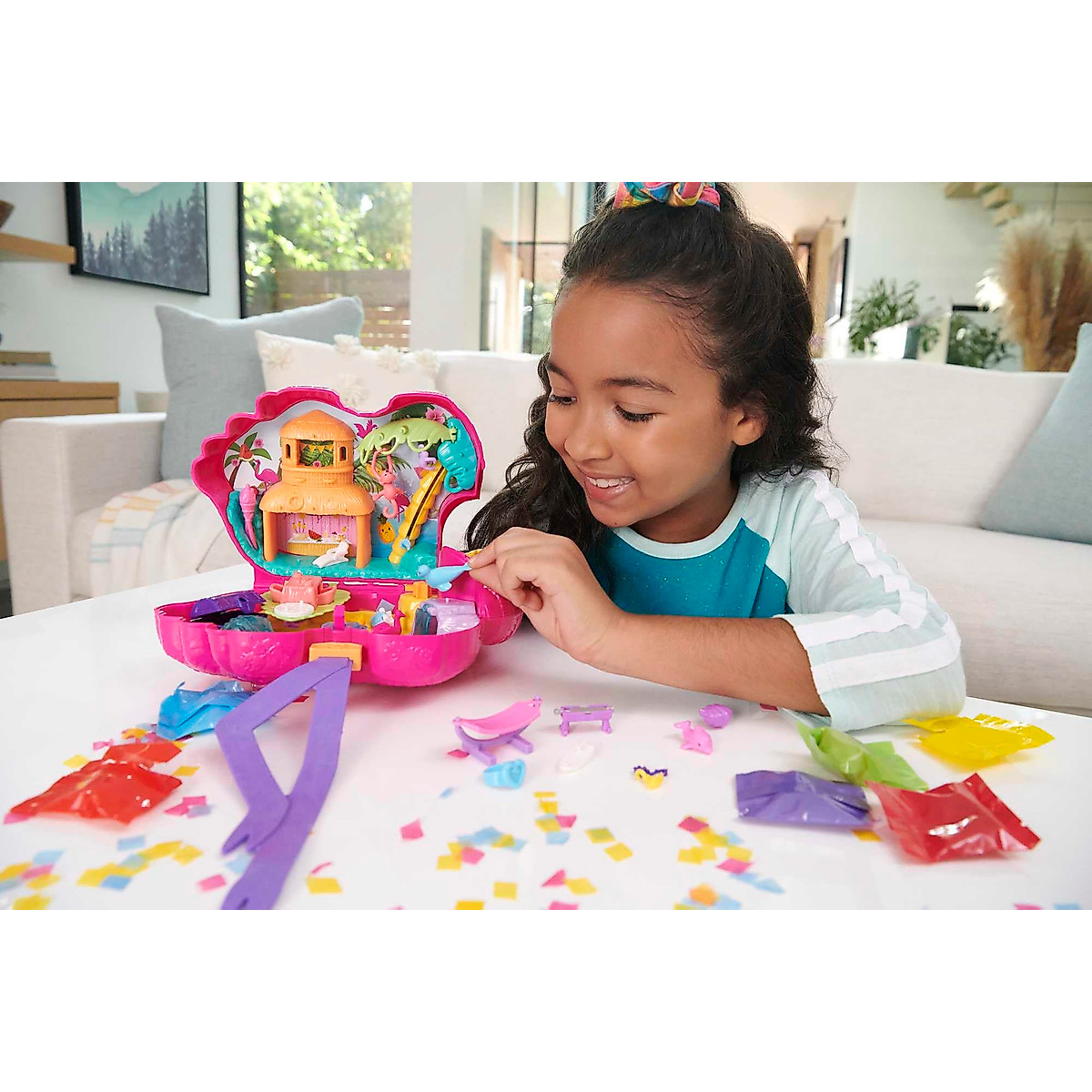 Polly Pocket Flamingo Party Large Compact Playset with 26 Surprises (Including Micro Margo & Friend Dolls), Pop & Swap Feature, Tropical Party Play Areas: Palm Tree Slide & Swing; Banquet; Water Area
