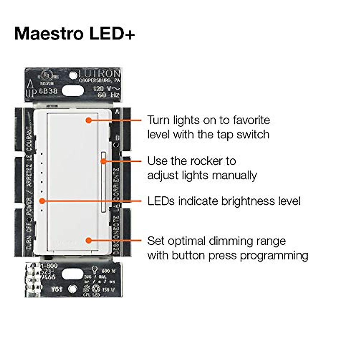 Lutron Maestro LED+ Digital Dimmer Kit for Dimmable LED, Halogen and Incandesent Bulbs | 150-Watt, Multi-Location | MACL-153M-RHW-WH | White