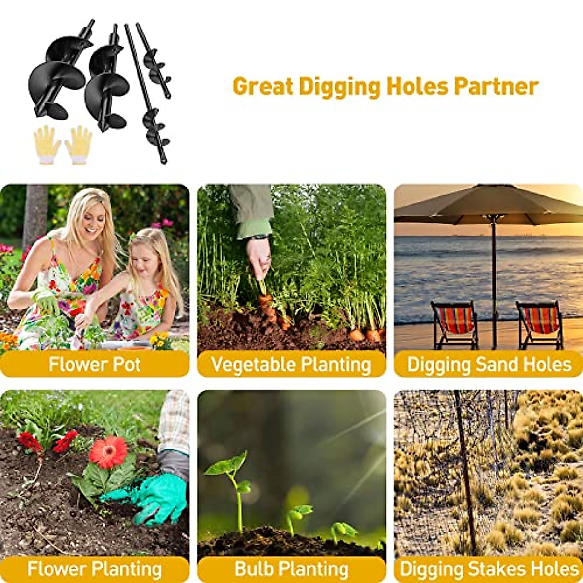 RVOREN Auger Drill Bit for Planting - Planting Auger for Cordless Drill, Black Bulb Auger 1.6″x9″, 1.6″x16″, 3″x12″, 4″x12″ Set for Garden Plants Bulbs