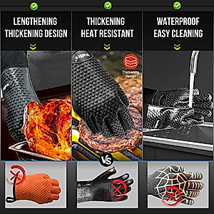 Walfos Grilling Gloves - Heat Resistant Silicone Oven Mitt, Premium Non-Slip Silicone Internal Protective Cotton Layer, Waterproof, Great for Grilling, Kitchen and Cooking (Black)…