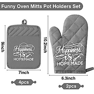 GROBRO7 6Pcs Cotton Oven Mitts and Pot Holders Set Happiness is Homemade Heat Resistant Hot Pad Machine Washable Microwave Gloves with Hanging Loop Pocket Potholder for Kitchen Baking Cooking Grilling