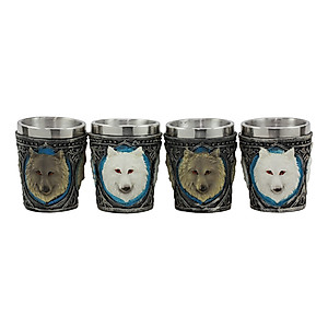 Ebros Myths Legends And Fantasy Spirit Themed 2-Ounce Shot Glasses Set Of 4 Resin Housing With Stainless Steel Liners Great Souvenir And Party Hosting Idea (Albino And Gray Wolf)