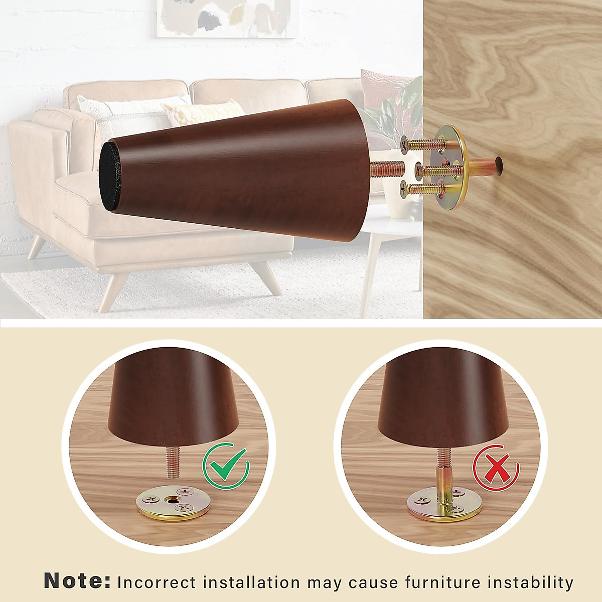 8 Inch Wood Furniture Legs Sofa Legs Set of 4, Brown Wooden Furniture Feet Couch Legs, Mid Century Modern Dresser Replacement Feet for Chair Cabinet Armchair Table Or Home DIY Projects Bun Feet