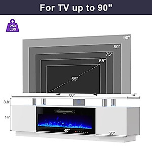LUXOAK 80" Fireplace TV Stand, Modern High Gloss Finish Media Console with 40" Electric Fireplace, Open Storage Entertainment Center for TVs Up to 90" with LED Lights, White