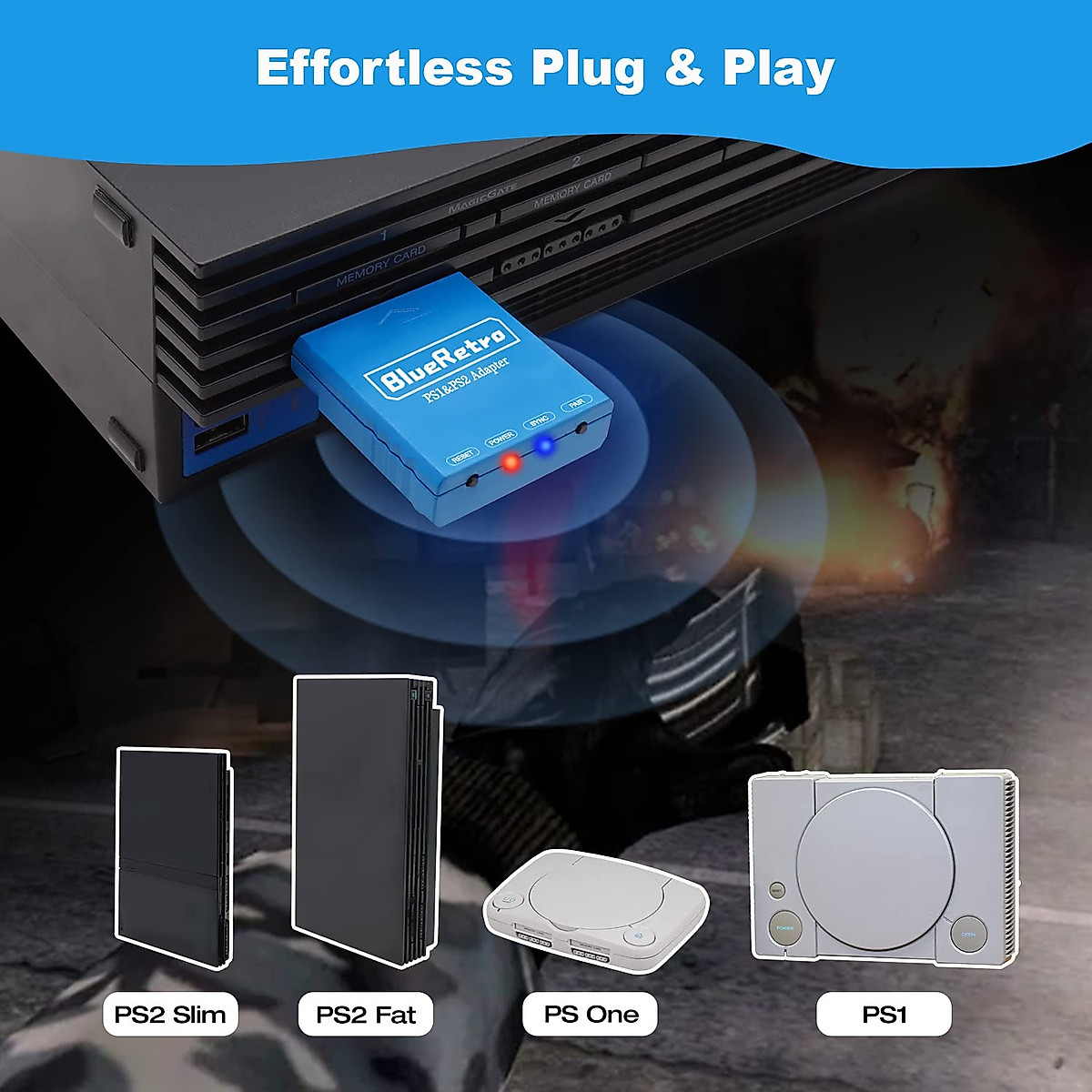 BITFUNX RetroScaler PS2/PS1 Wireless Controller Adapter - Supports PS2/PS1 Game Console, Compatible with PS3/PS4/PS5, Xbox One S, Series X/S, Switch Pro Bluetooth Controllers