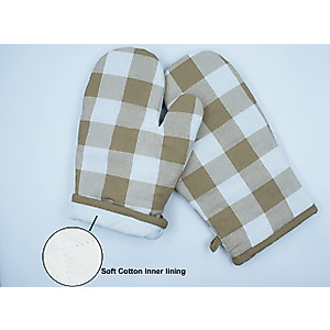 PurpleEssences Buffalo Check Kitchen Collection Pot Holders and Oven Mitts Sets with Hanging Loop - Heat Resistant Non-Slip Washable – Ideal Hot Pads for Cooking Baking BBQ - 4-Piece Set Beige/White