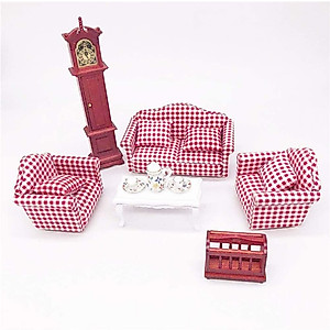 2 Sets 1:12 Scale DIY Dollhouse Sofa&Armchair with Pillow Mini Dolls House Furniture Couch&Chair Miniature Wooden Furniture Handmade Crafts Supplies Red Checkered Dollhouse Toy Dollhouse Accessories