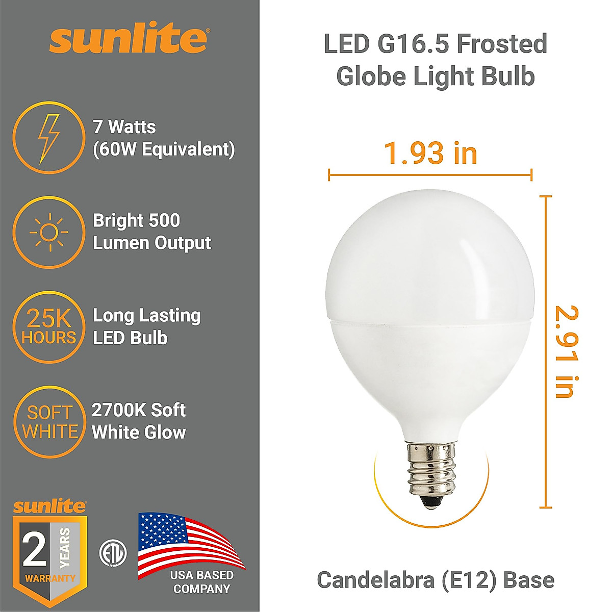 Sunlite 40299 LED G16.5 Globe Light Bulb, 7 Watts (60W Equivalent), 500 Lumens, 2700K Soft White, Dimmable, Candelabra E12 Base, Short Bulbs, Vanity Bulbs, Frosted, 3 Count