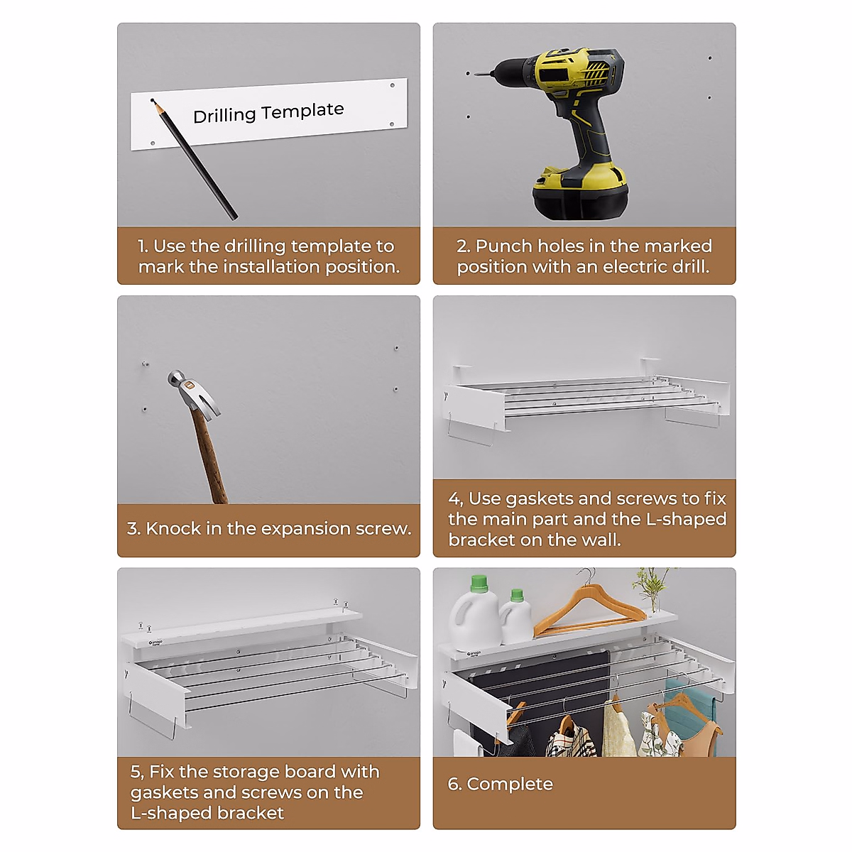 yamagahome Clothes Drying Rack Wall Mounted with Extra Storage Board, Laundry Drying Rack Collapsible with Handle, Collapsible Drying Racks for Laundry for Indoor and Outdoor, 31.5''