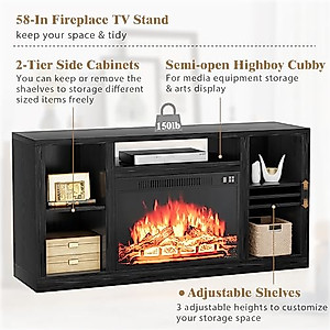 YESHOMY Electric Fireplace TV Stand for Televisions up to 65+ Inch, Media Entertainment Center Console Table with Four Open Storage Shelves & Cabinets, 58 Inch, Black