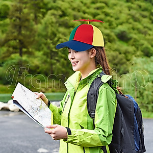 Framendino, Rainbow Propeller Hats Detachable Helicopter Top Cap Blue Brim Baseball Hats with Adjustable Red Bow Tie for Adult Costumes