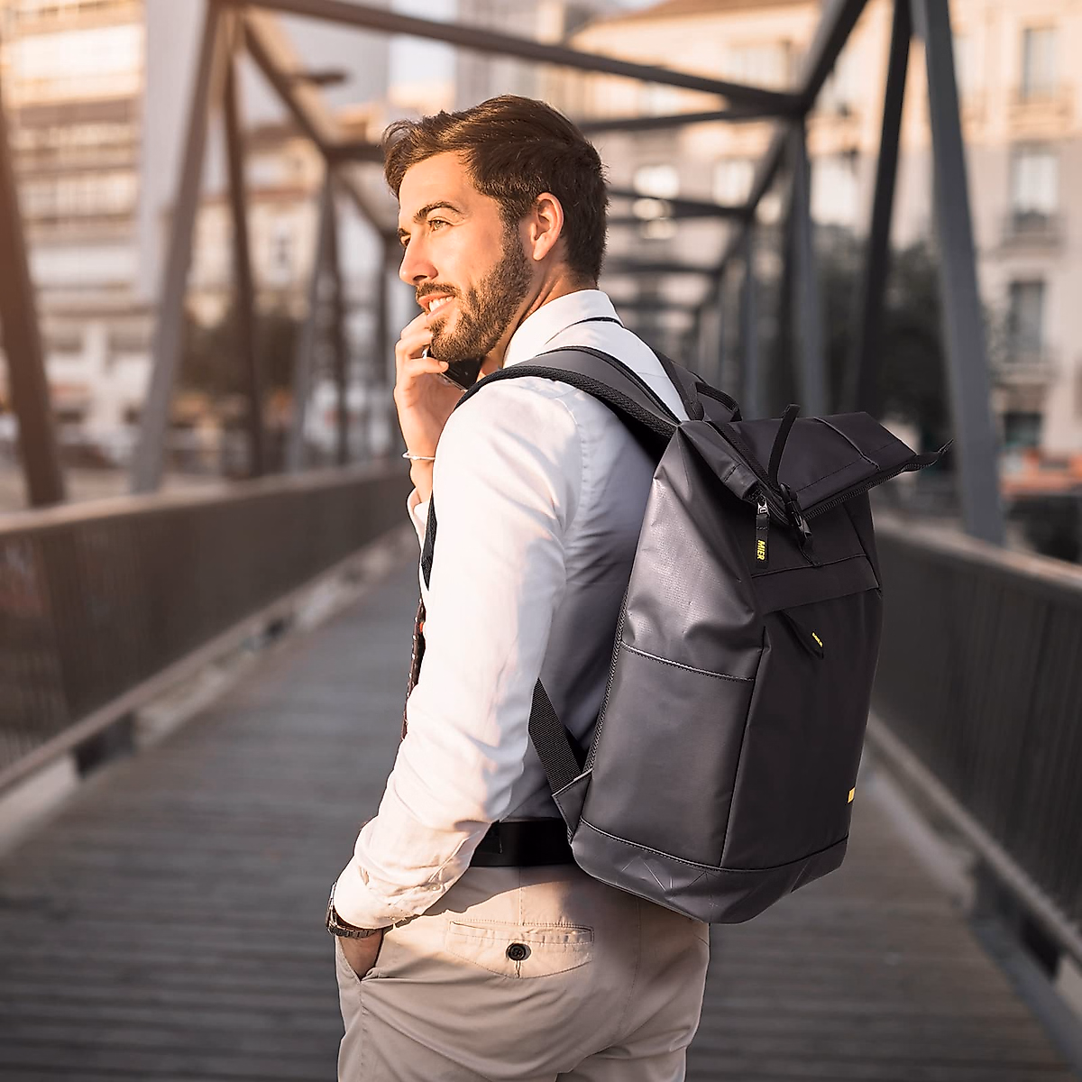 MIER Rolltop Travel Backpack for Men Women Water Resistant Carry on Casual Commuter Back Pack with Multiple Pockets for Work Business College Trip, 23L, Black