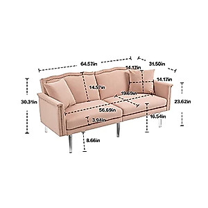 FULife 65" Mid Century Modern Velvet Upholstered Futon Sofa Split Back Loveseat Convertible Sleeper Couch Bed Daybed,Folding Recliner with Armrest&2 Pillows for Living Room/Compact Space, Pink