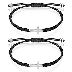 2 Pieces Friendship Cross Bracelet Black String Rope Braided Bracelet Cross Charm Adjustable Handmade Matching Couple Bracelets for Women Men Brother Kabbalah Strand Lucky BFF Bracelets (Black)