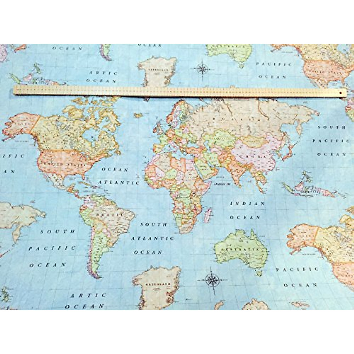 HomeBuy World Map 3 Designer Curtain Upholstery Cotton Fabric Material - 280Cm Extra Wide - Sky Blue (Sold The Yard)