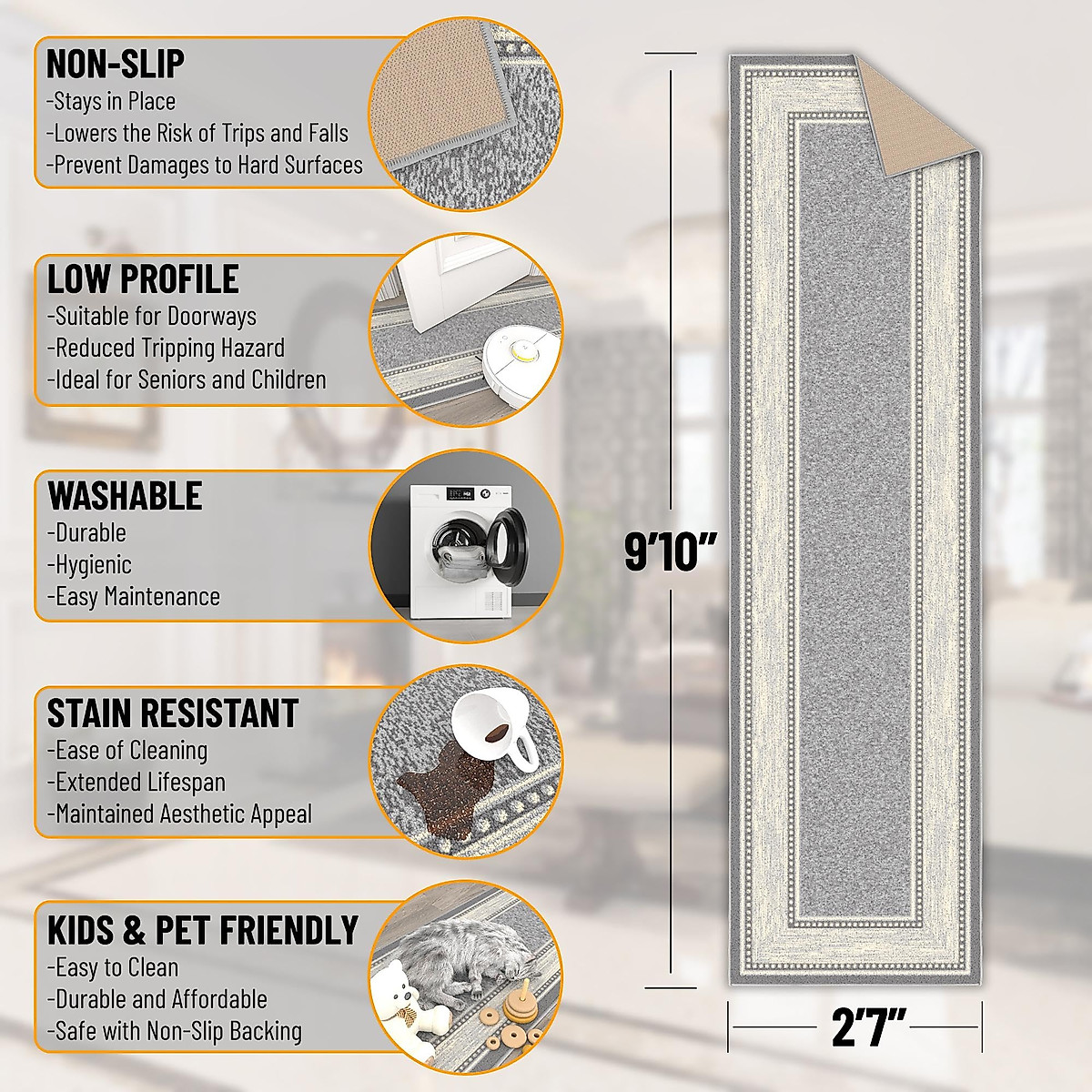 Ottomanson Ottohome Non-Slip Rubberback Bordered Design 3x10 Indoor Runner Rug, 2'7" x 9'10", Light Gray